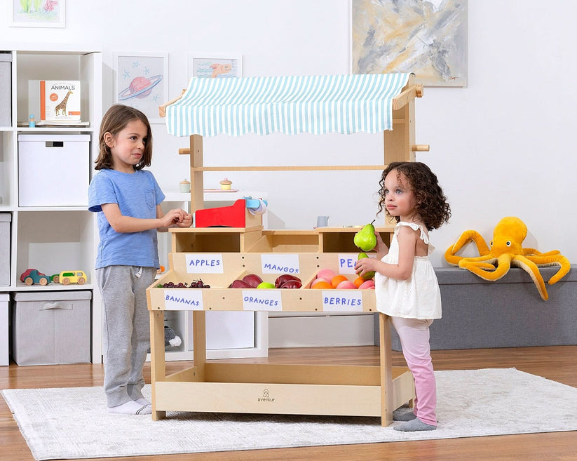 Cypress Wooden Market Stand – Pretend Play Shop with Storage for Kids